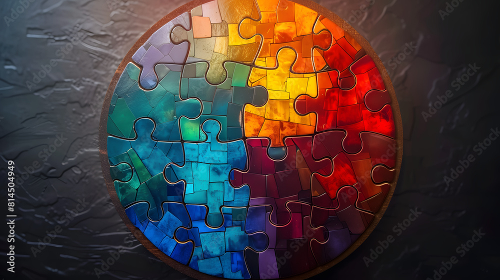 Colorful circular puzzle pieces on a textured wall background. 3D ...