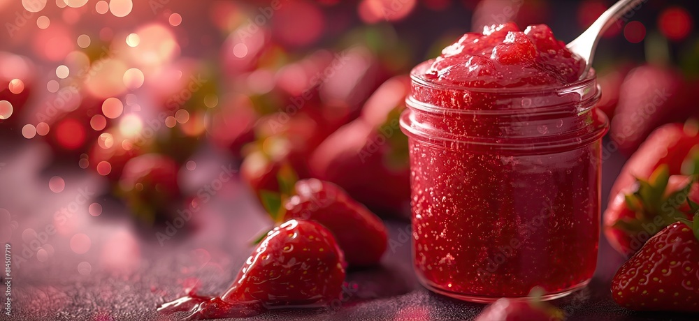 Strawberry jam. Spoon scooping homemade strawberry jam from a glass jar ...