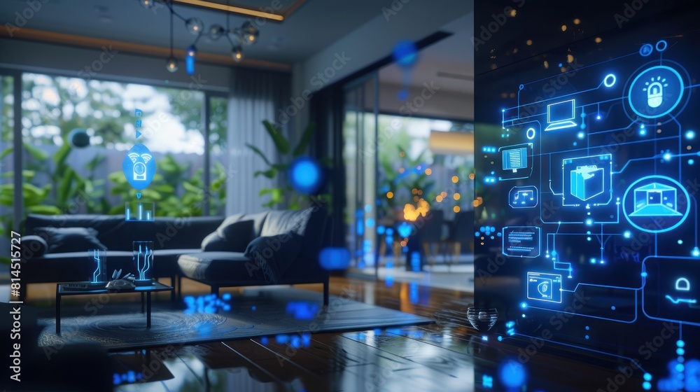 Futuristic smart home interior with connected devices and floating blue digital symbols for ...