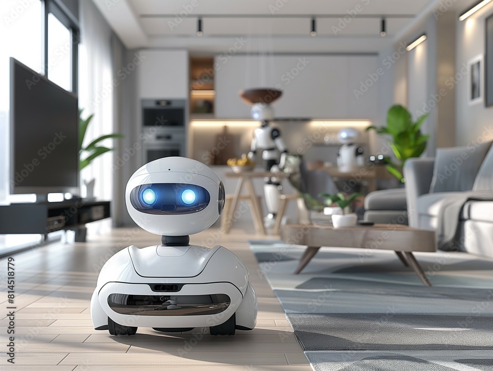 In a modern, cozy home interior, a humanoid robot is engaged in ...