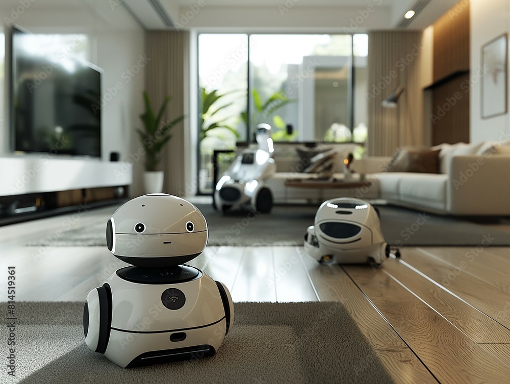 In a modern, cozy home interior, a humanoid robot is engaged in ...