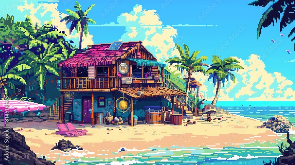 A pixel art of a beach hut on a tropical island. The hut is made of ...