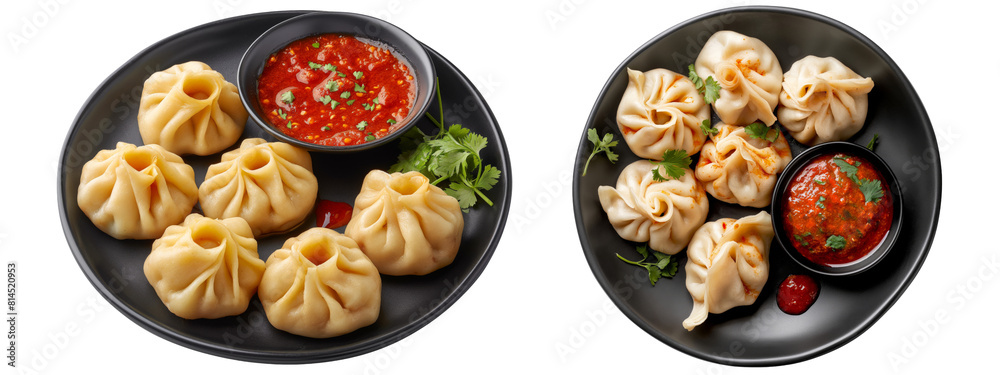 Momos dumplings with small bowl of sauce, in the plate, isolated ...