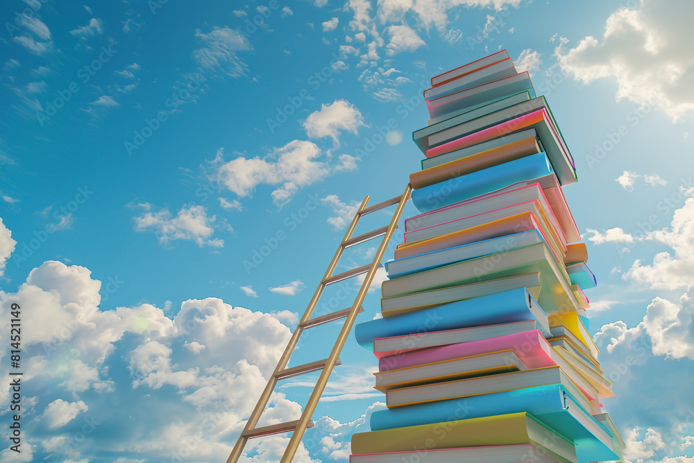Abstract book stack with ladder on sky with clouds background Ladder ...