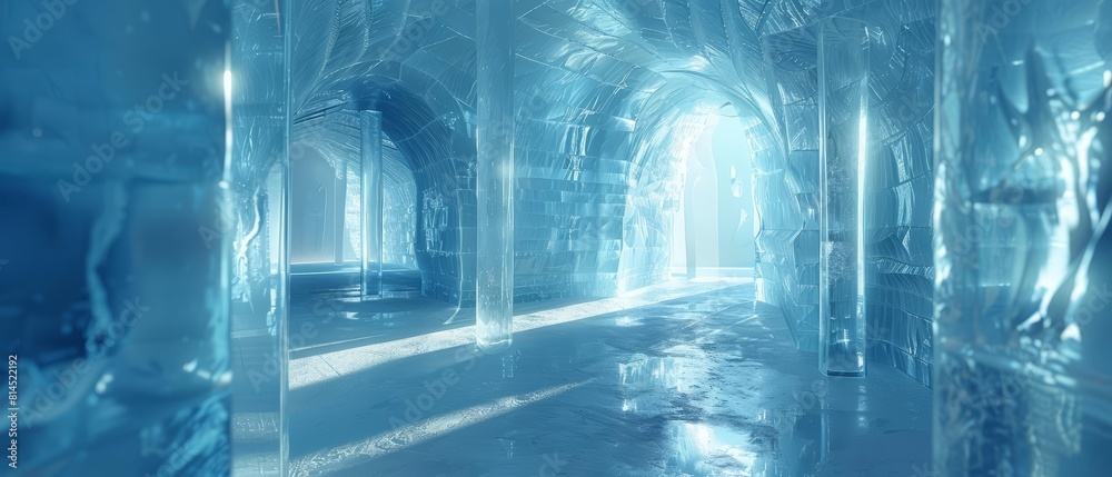 Inside an ice hotel, a frame mockup encased in clear, icy walls ...