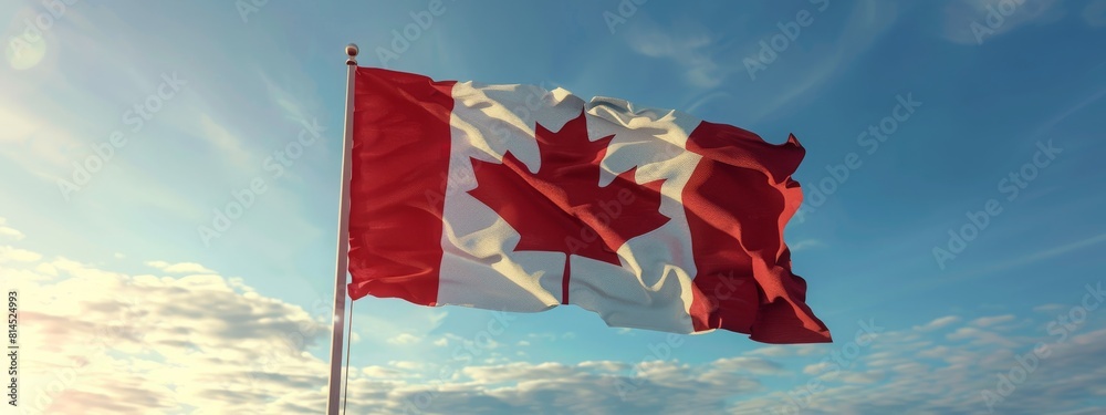 Flag of Canada on sky background in close-up fluttering in wind symbol ...