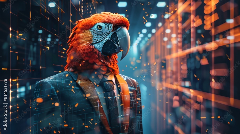 The anthropomorphic parrot wears an elegant suit with a nice tie and ...