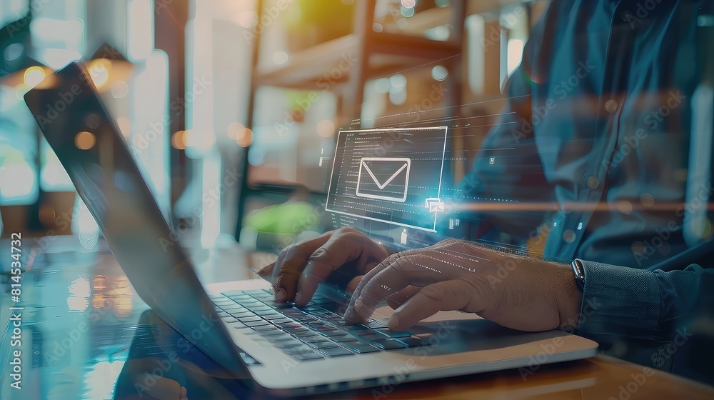 In a modern office setting, a businessman sends an important email to a ...