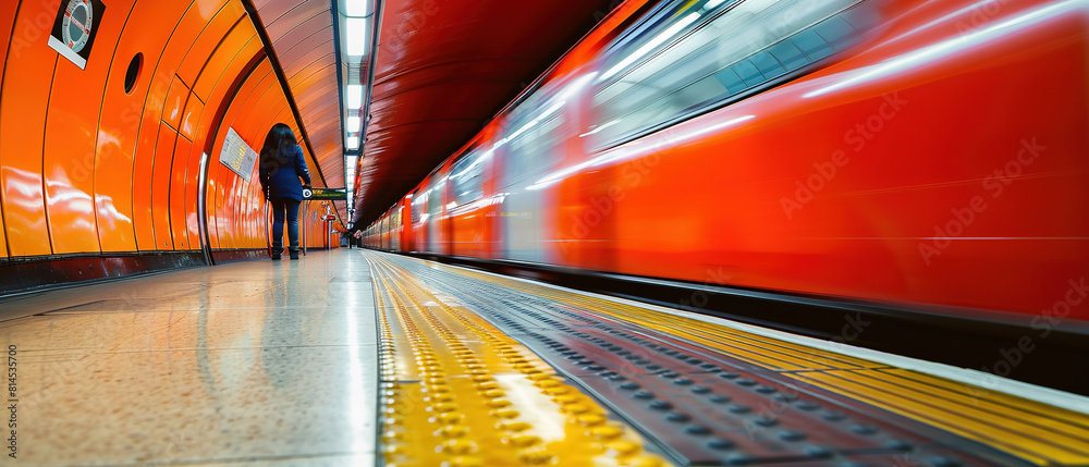 Red tube train in slow motion, captured perspective of someone standing ...