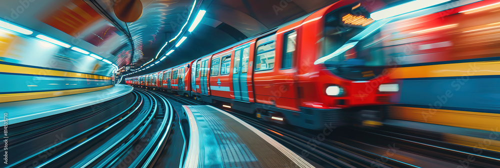 Red tube train in slow motion, captured perspective of someone standing ...