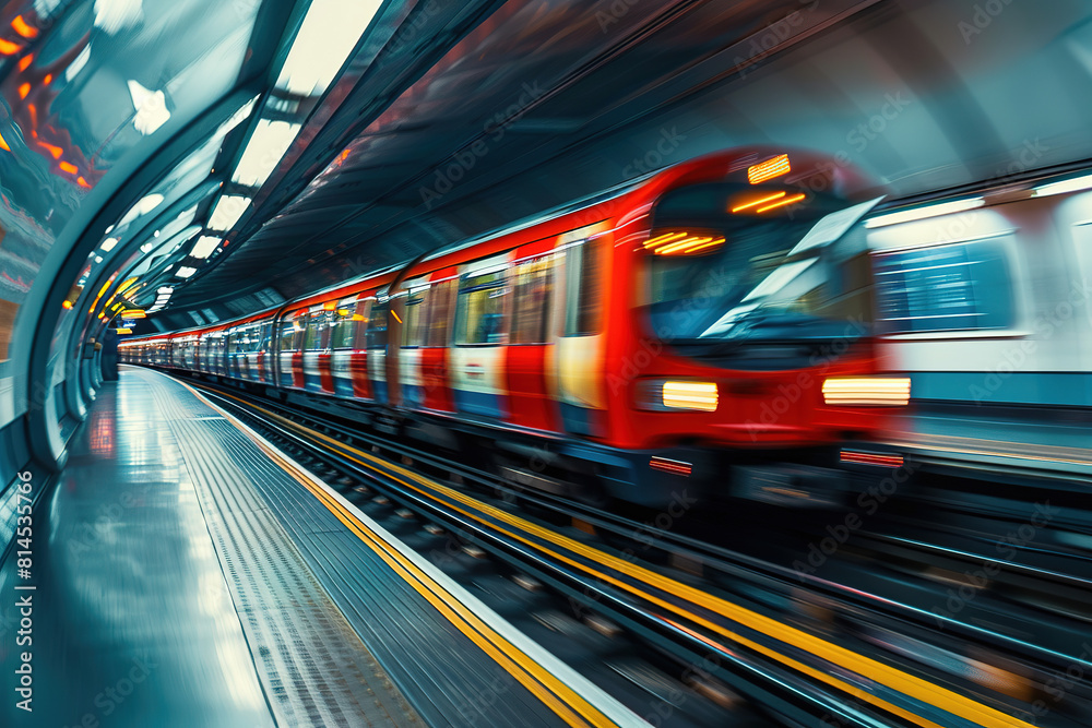 Red tube train in slow motion, captured perspective of someone standing ...