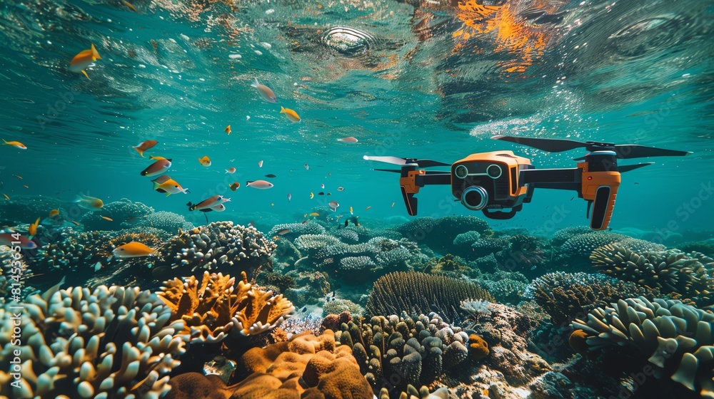 Foto de Underwater drones planting coral reefs in an ocean recovery ...
