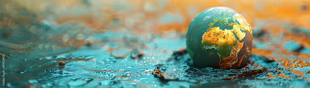 The top view of a minimalist color background features a melting globe ...