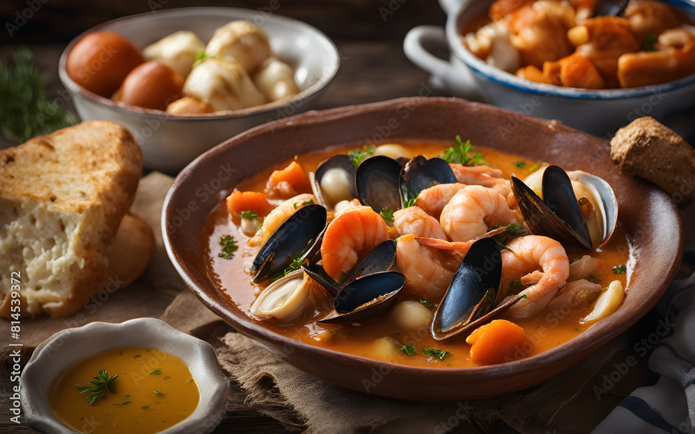 French bouillabaisse, seafood stew, rustic bread, terracotta bowl ...