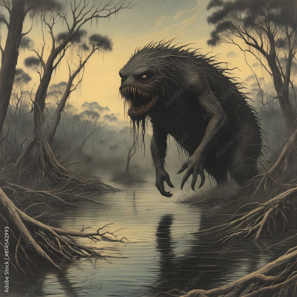 historic depiction of a bunyip, a mythical creature from Australian Aboriginal mythology, said ...