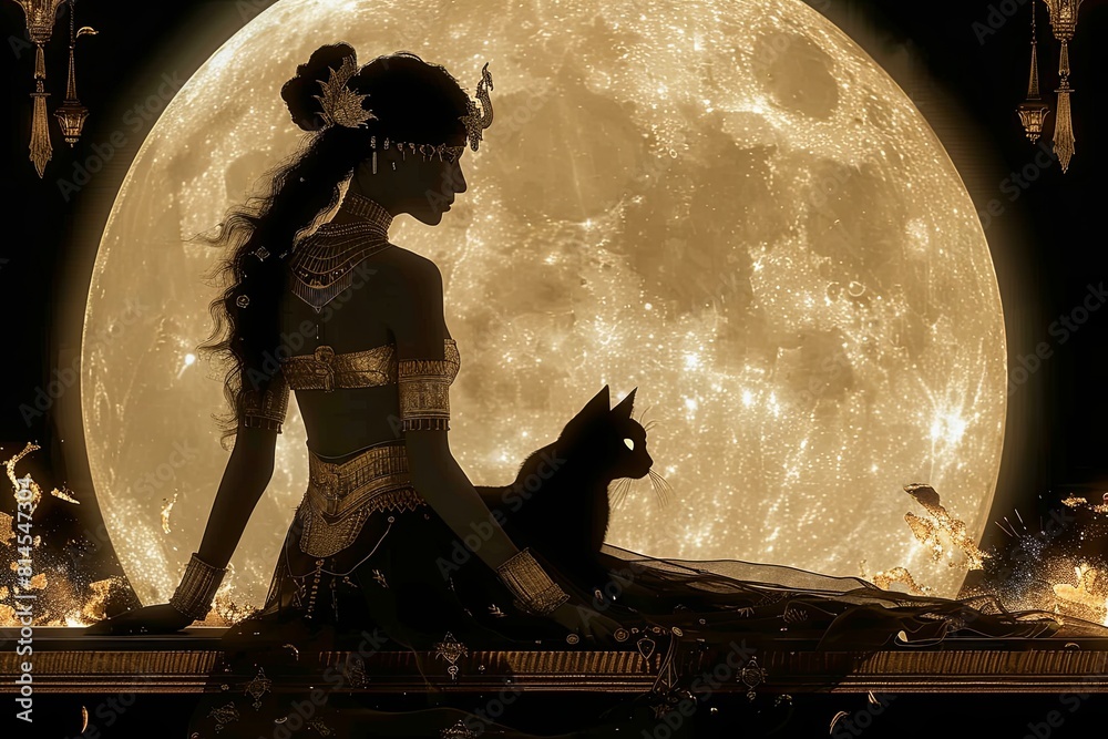 Egyptian queen Cleopatra and black cat illustration Stock Illustration ...