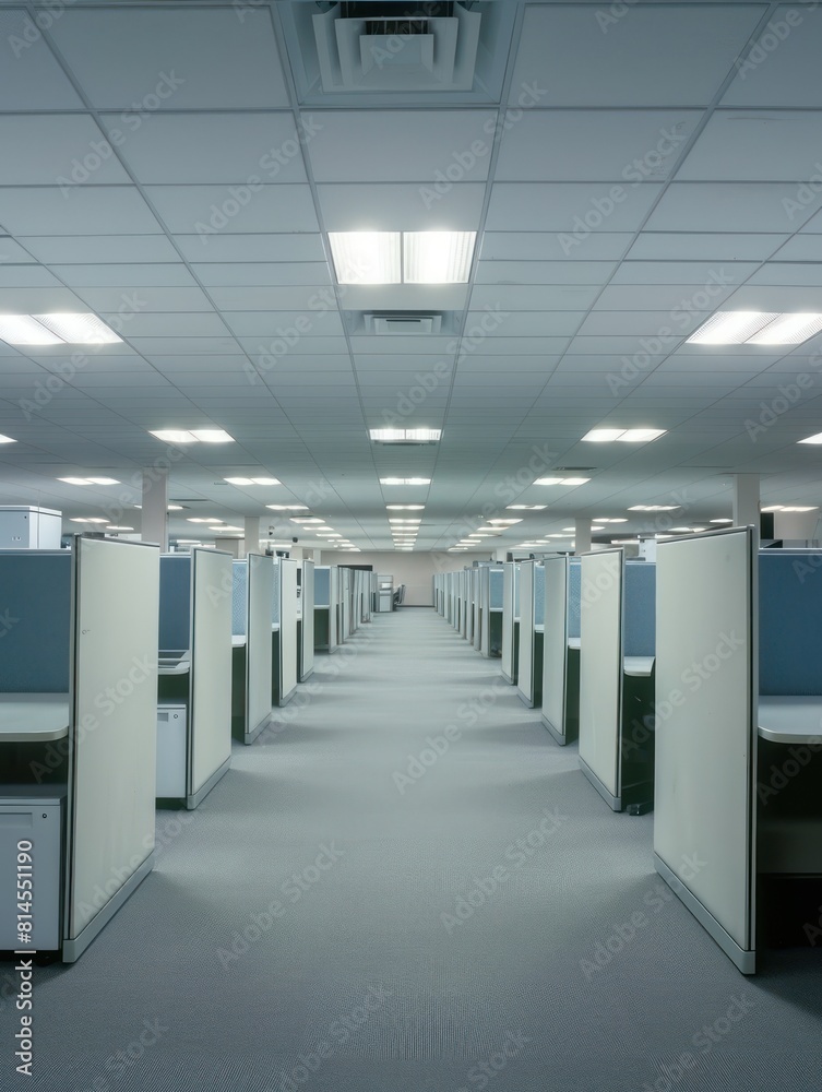 An empty call center floor with rows of cubicles and overhead ...