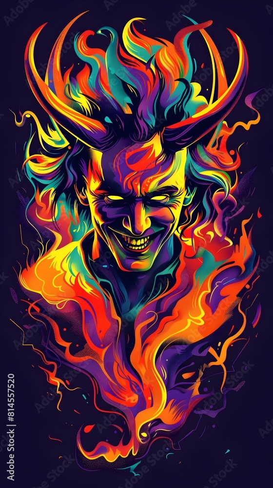 Depiction of the Trickster God Loki Surrounded by Flames and Chaos in a ...