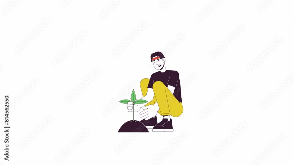 Asian man planting seedling line 2D character animation. Gardening ...
