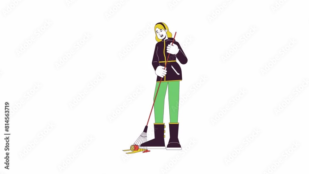 Caucasian woman collecting litter with rake line 2D character animation ...