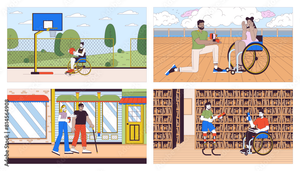 People with disability daily life cartoon flat illustrations. Regular ...