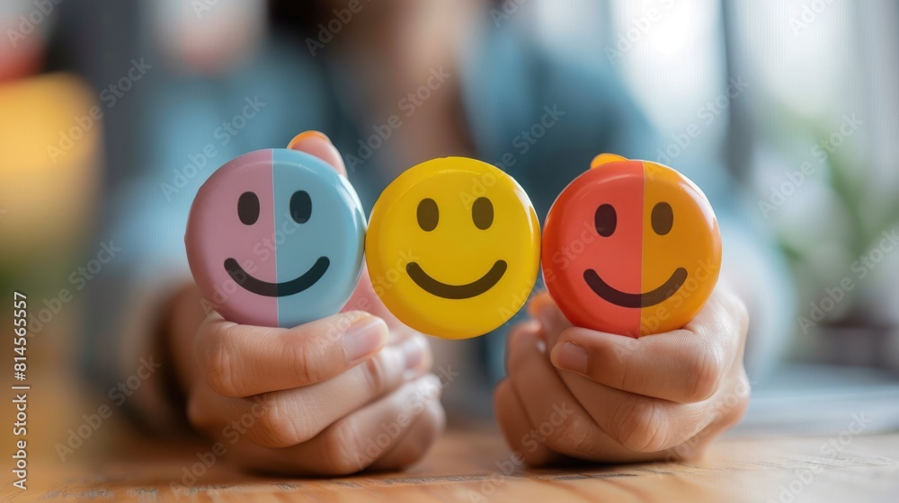 A person is holding three smiley faces in their hands. The faces are ...