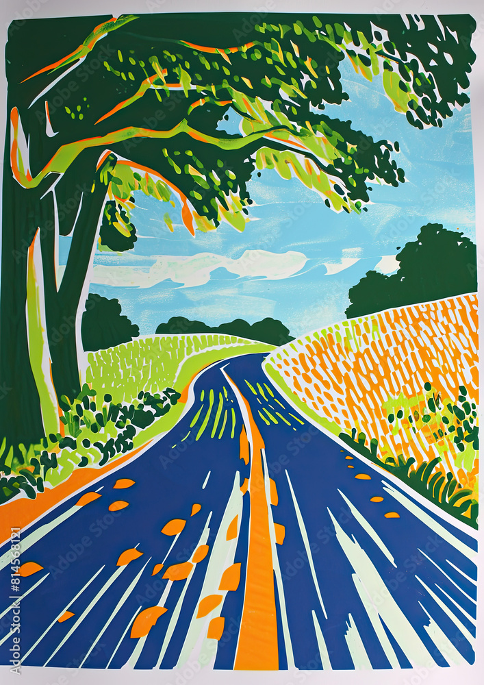Artistic linocut print with winding road through hills under blue sky ...