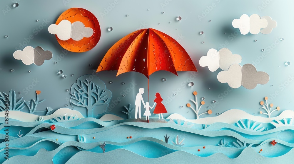Papercut art family is standing under an umbrella in the rain. The ...