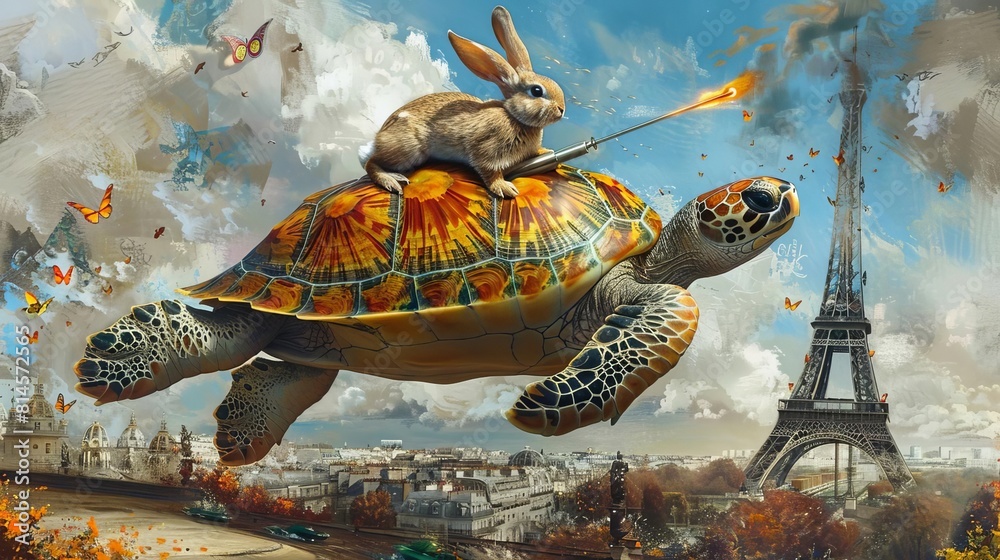 Olympic Paris Fast turtle racing with a rabbit on its back, passing the ...