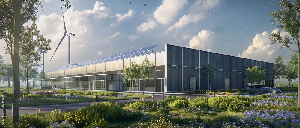 3D render of a green data center using renewable energy sources ...