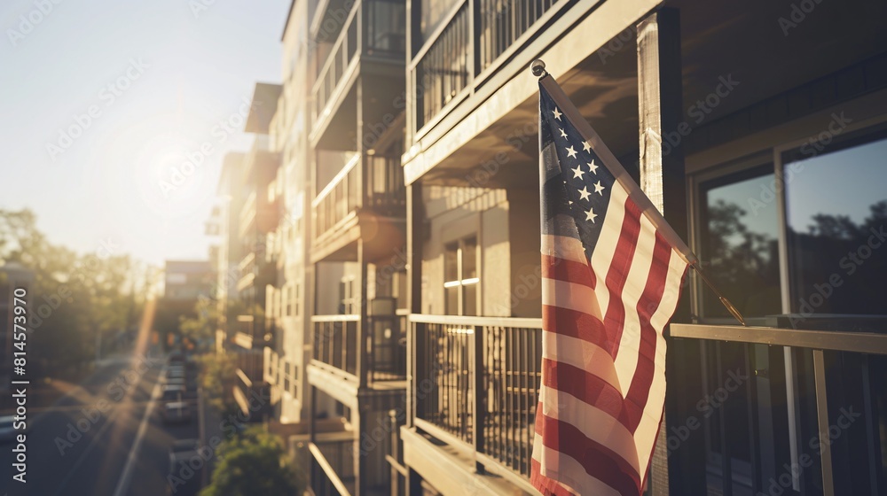 Urban apartment building with a USA flag draped over a railing, early ...