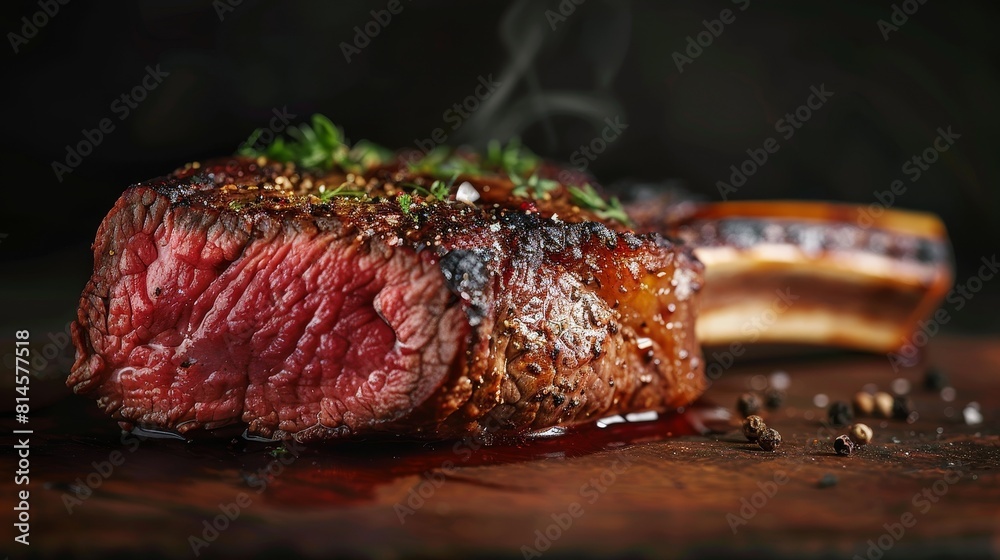 Medium-rare Tomahawk steak, showing the juicy pink center and seared ...