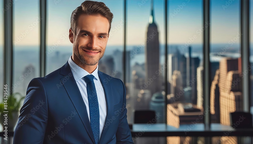 Confident businessman in a navy blue suit with cityscape view, exuding ...