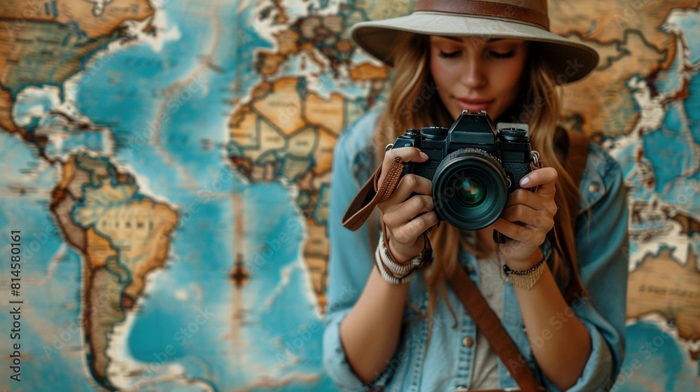 Young woman in explorer gear focuses her camera lens closeup image ...