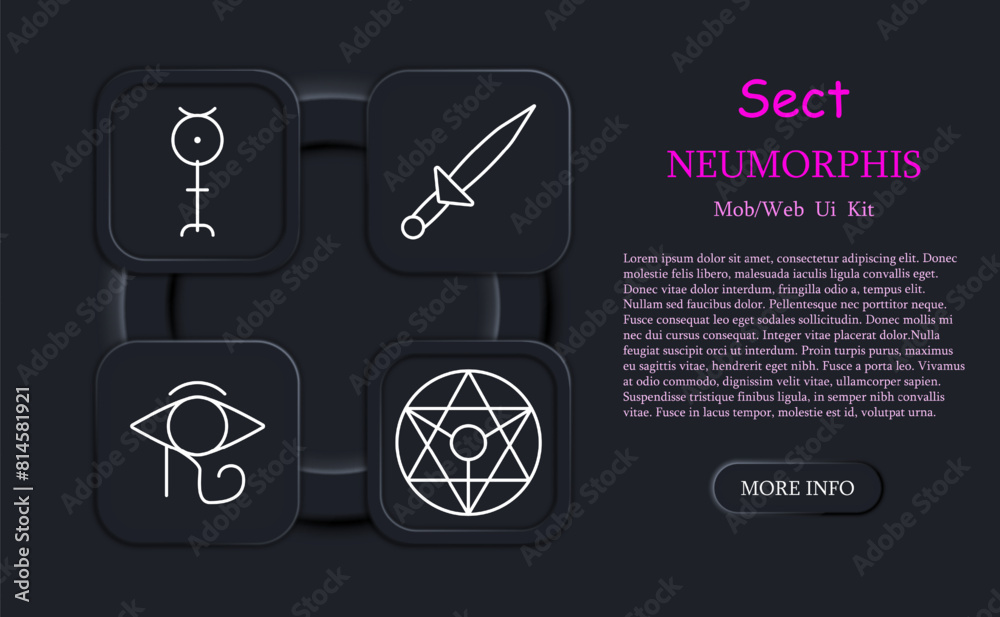 Sect set icon. Pentagram, Sigil of Baphomet, ritual dagger, sacrifices ...