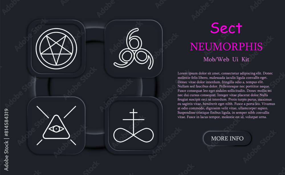 Sect set icon. Pentagram, Sigil of Baphomet, ritual dagger, sacrifices ...