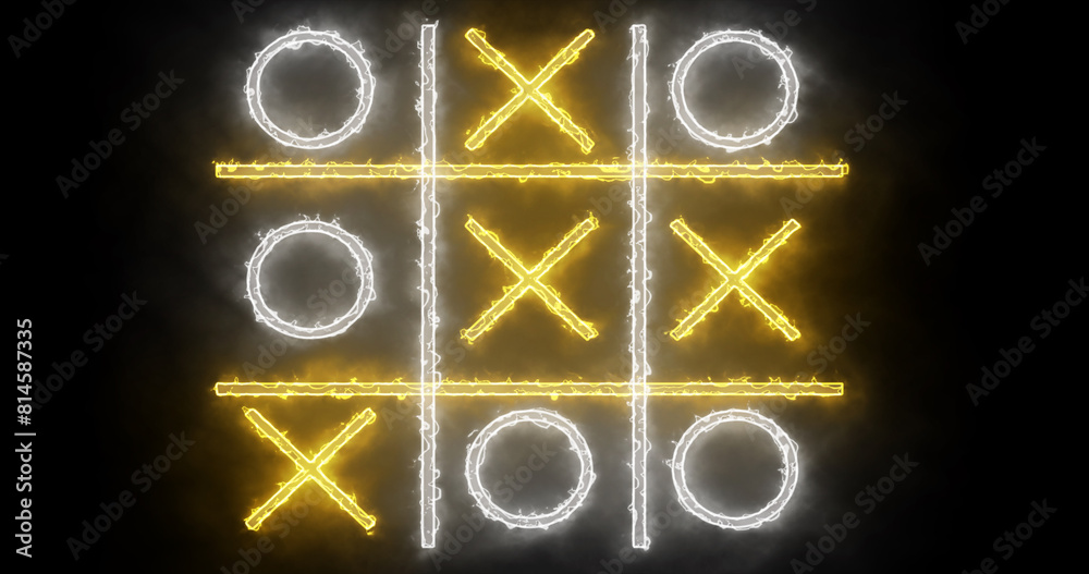 White and yellow Tic Tac Toe game icon on a black background. Glowing ...