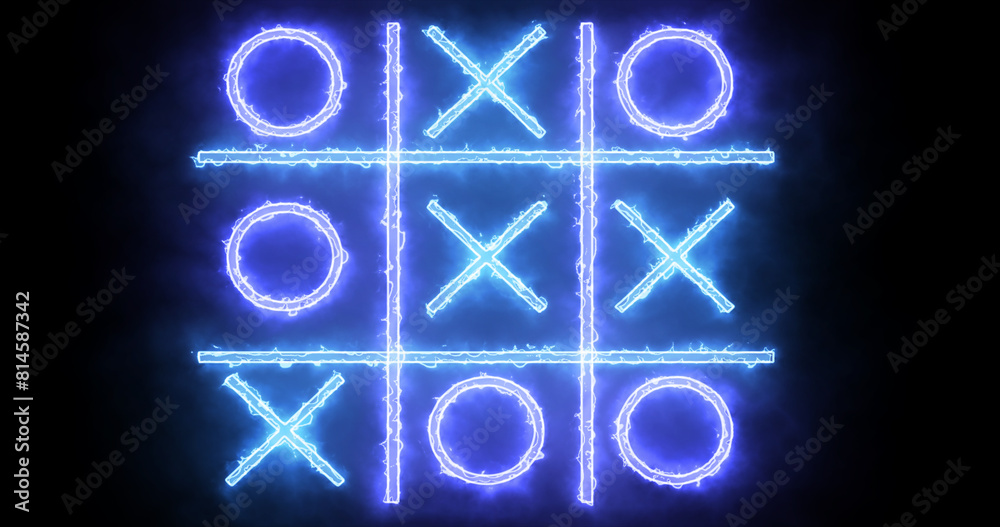 Blue and purple Tic Tac Toe game icon on a black background. Glowing neon line Tic Tac Toe X-O ...