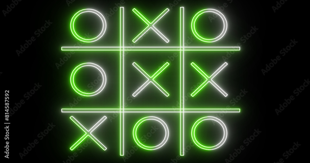 Colorful Tic Tac Toe game icon on a black background. Glowing neon line ...