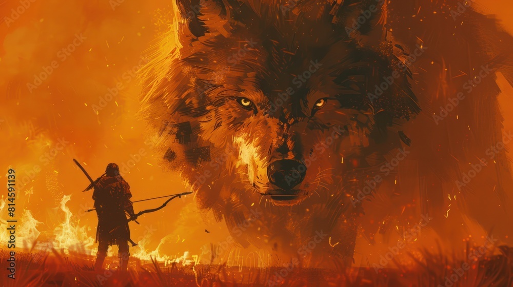 The hunter with the bow faced the huge wolf in the fire grassland ...