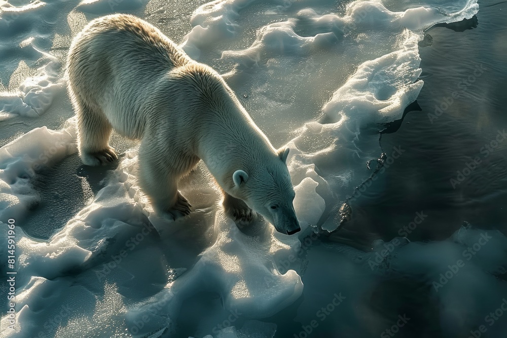 Polar bear searching for food amidst receding ice shelves, highlighting ...