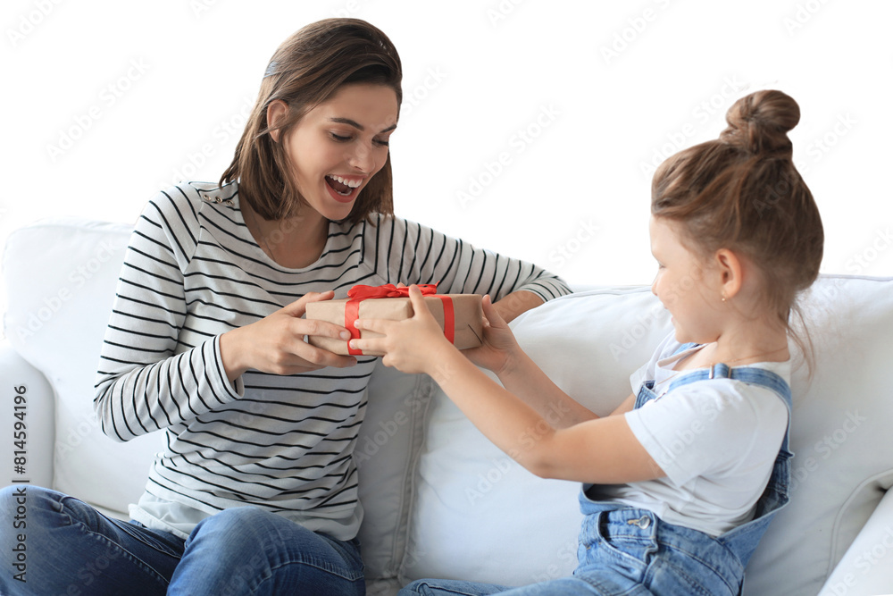 Little girl make birthday present to excited parent while they sitting ...