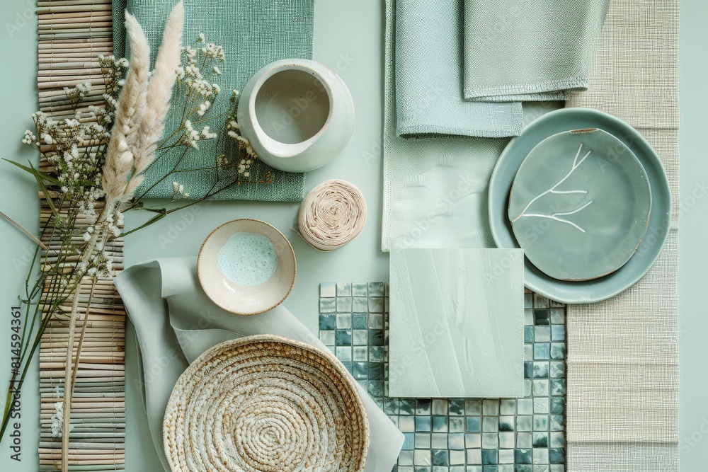 Elegant flat lay composition in green, blue and beige color palette ...