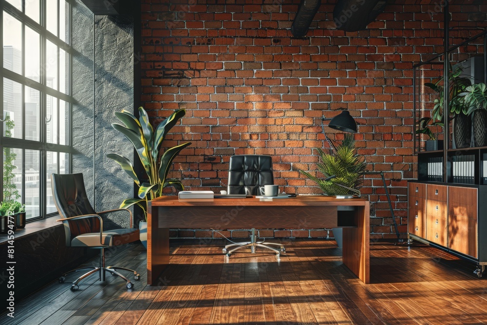Empty CEO Office Interior With Table, Office Chairs, Cabinets And Brick ...