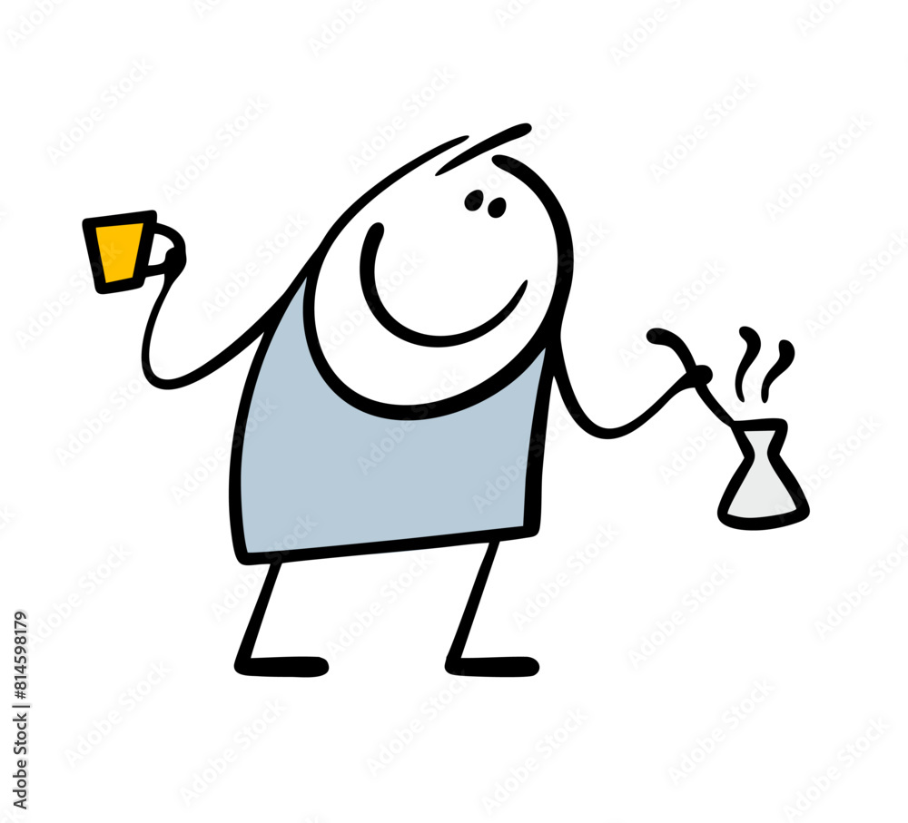 Stickman prepares breakfast, brews coffee in a turk and holds a mug ...