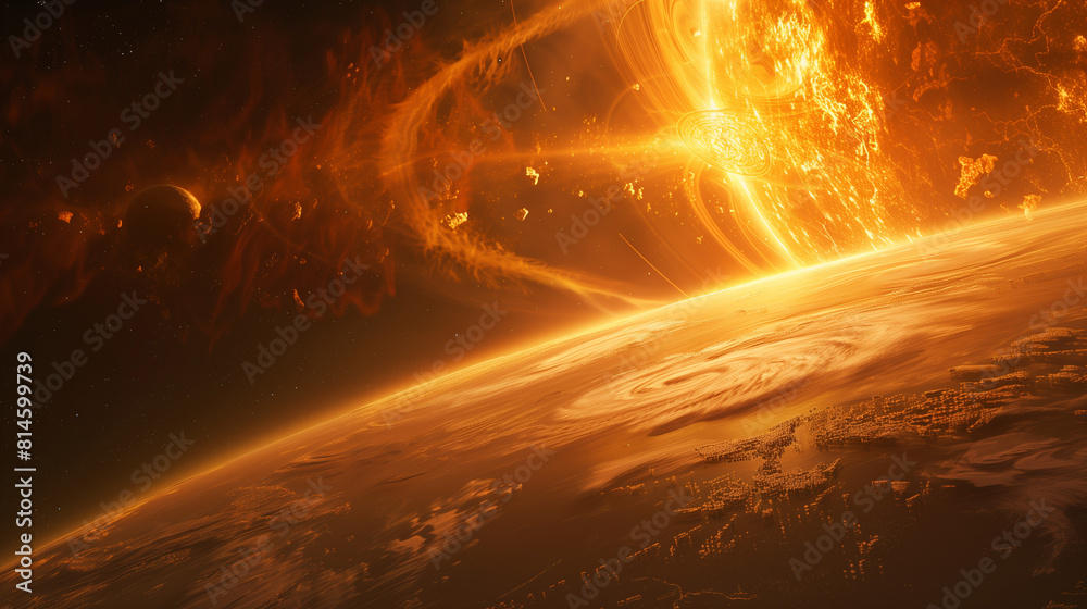 Space visualization. Matter from a hot star giant, prominence pours out ...