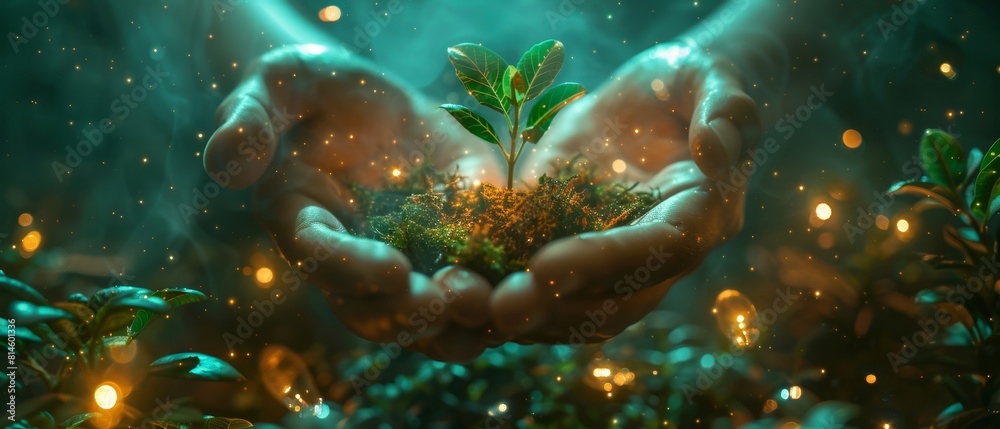 Dynamic image of hands protecting a delicate sapling, with a background ...