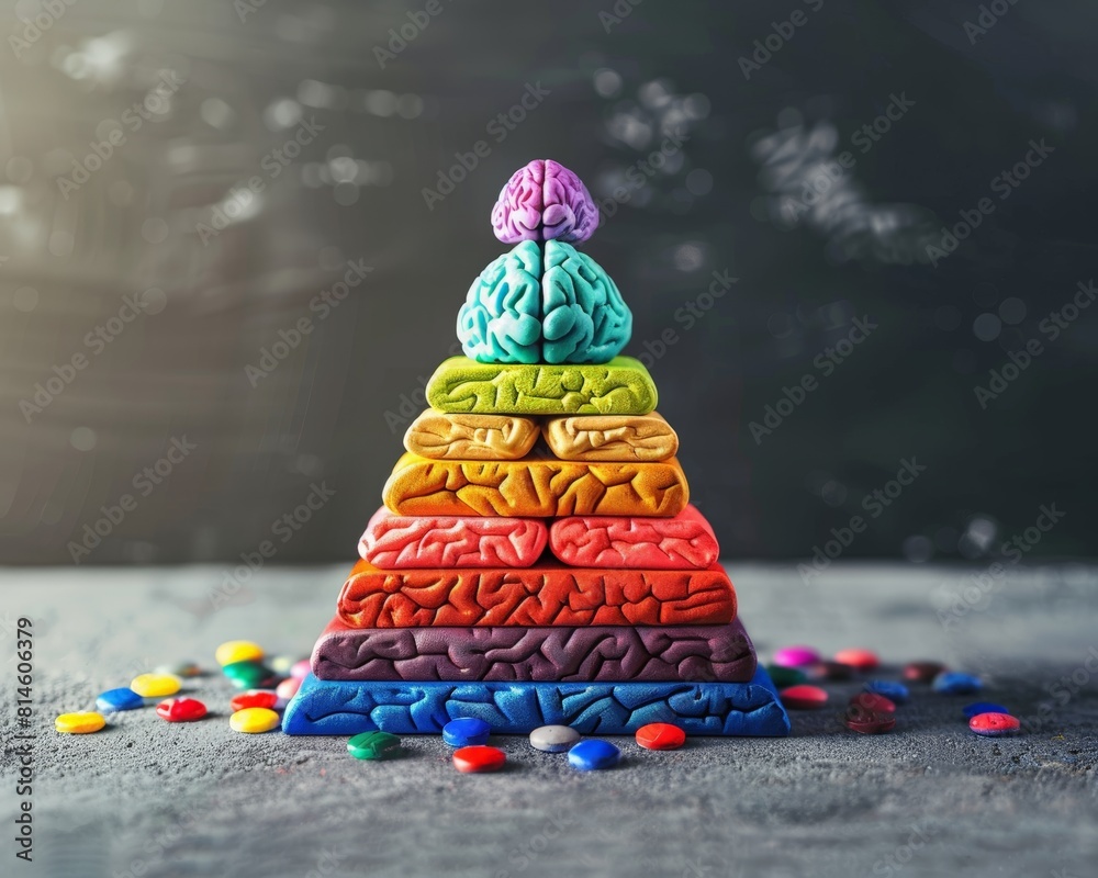 A Bloom's taxonomy pyramid with brain-shaped levels, representing the ...