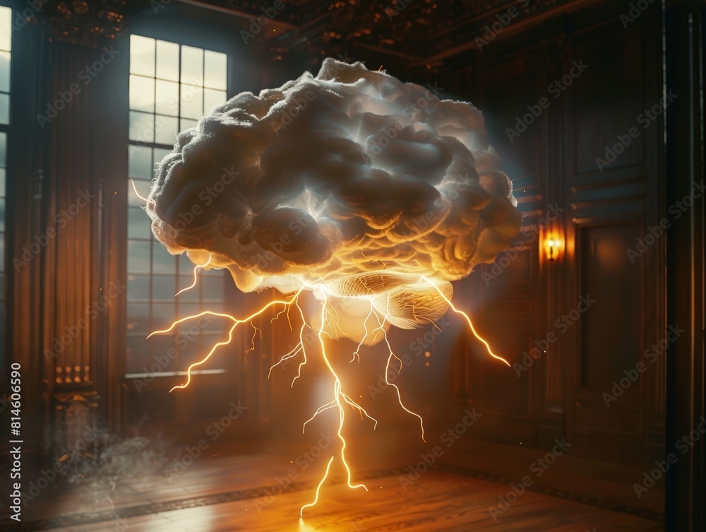 A brain-shaped cloud with lightning bolts emanating from it ...