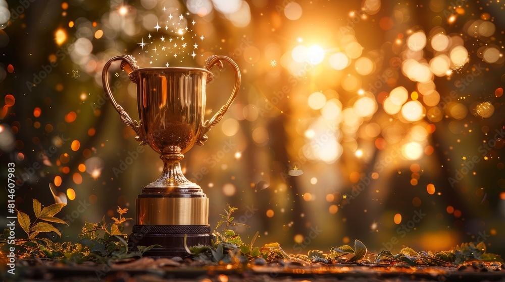 Artistic rendering of a golden trophy with celestialthemed streamers ...